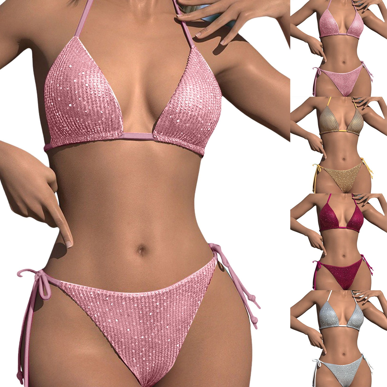 Swimsuits For Women 2025 Sexy 2 Piece Bikini Swimsuit Sequin String Triangle Thong Swimwear Gold ...