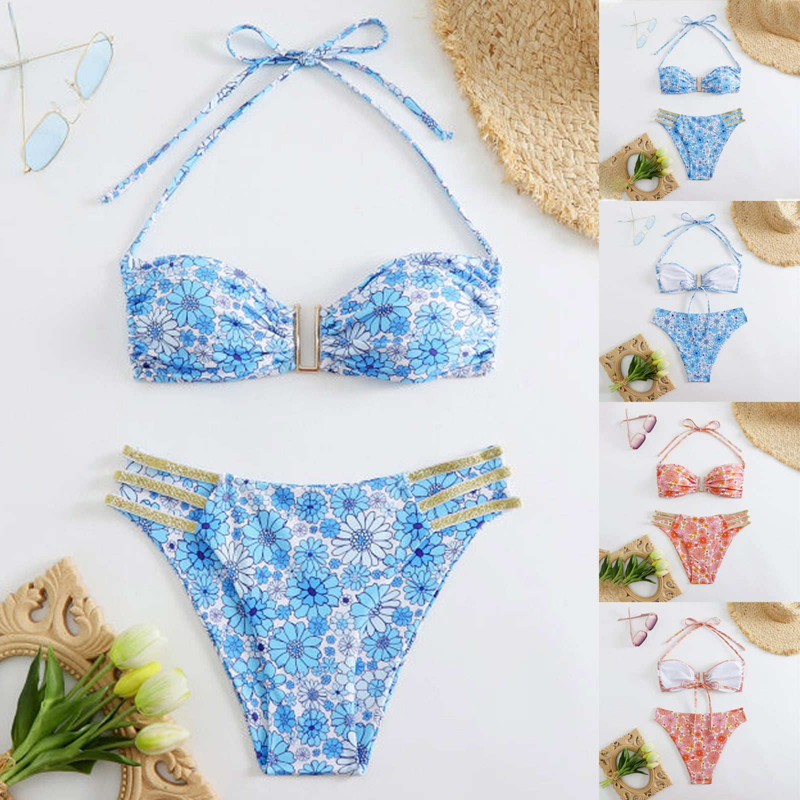 Swimsuits For Women 2025 Trendy Halter Neck Bow Floral Print Swimwear 2 ...