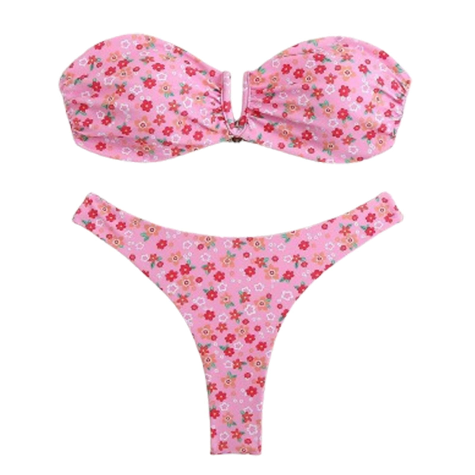 Swimsuits Women Cute Printed Strapless Bandeau Split Thong Bikini Pink ...