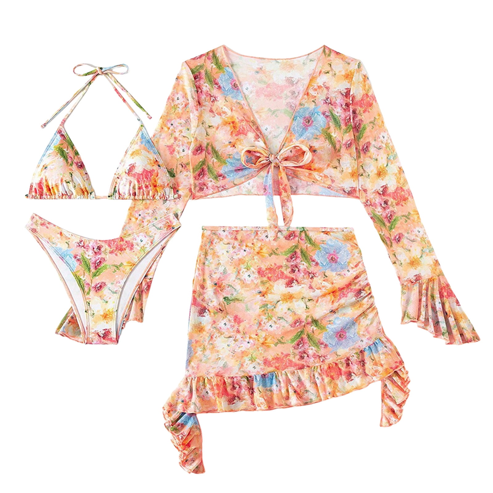 Swimsuits Women Print Halter Neck Bikinis Set with Long Sleeve Cover Up ...