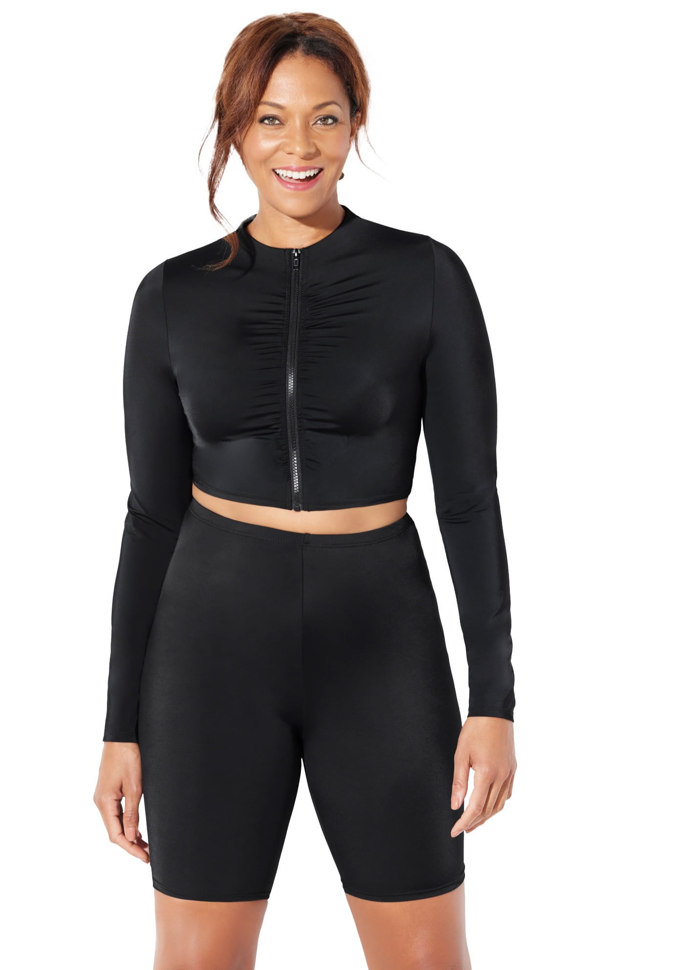 Swimsuits for All Women's Plus Size Long Sleeved Cropped Zip Tee Set ...