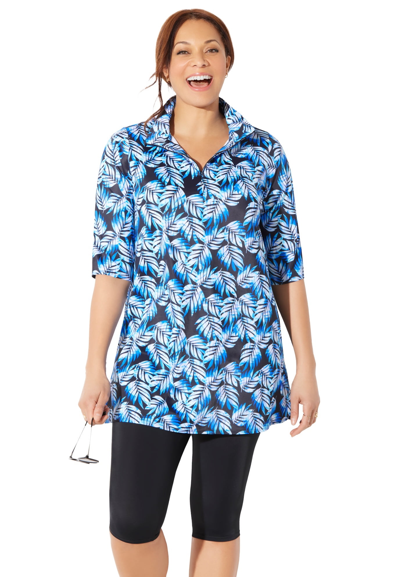 Swimsuits for All Women's Plus Size Sun Resistant Quarter Zip Swim Top ...