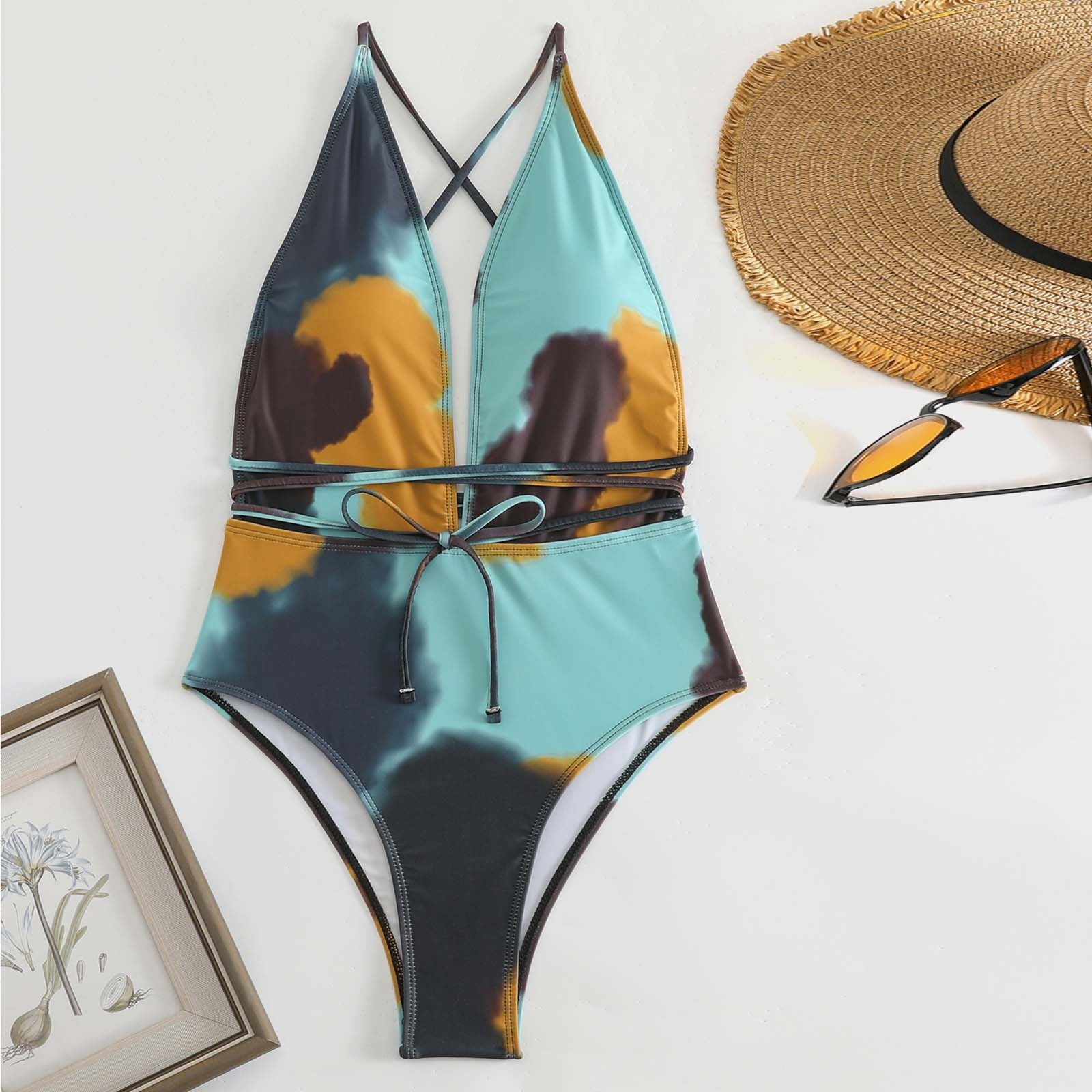Swimsuits for Women One Piece Tie-Dye Beach Bikini Crossing Hanging ...