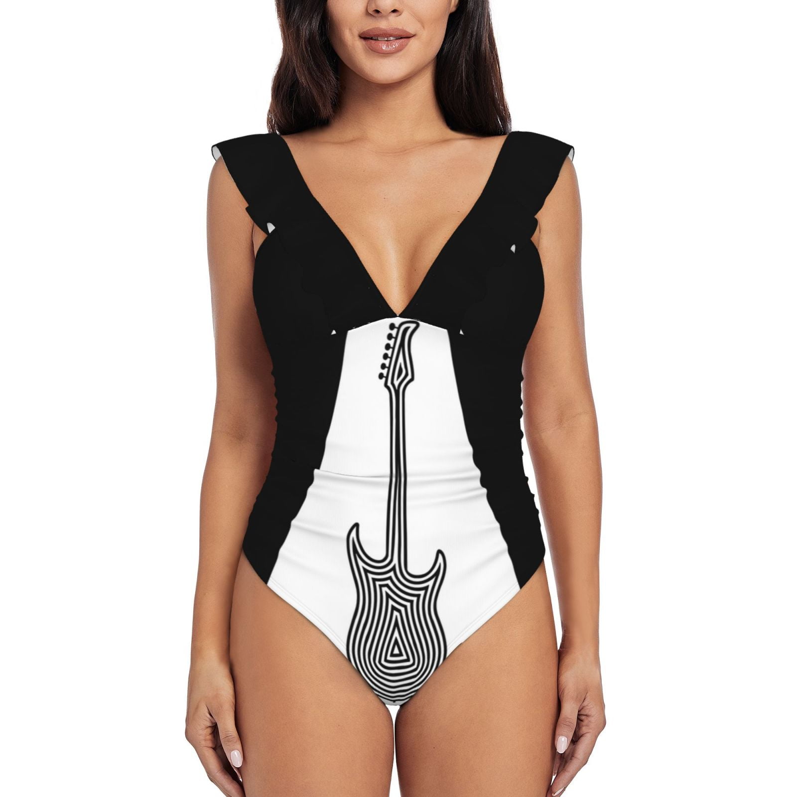 Swimwear 2024 Black And White Electric Guitar Sexy Black Mesh One Piece