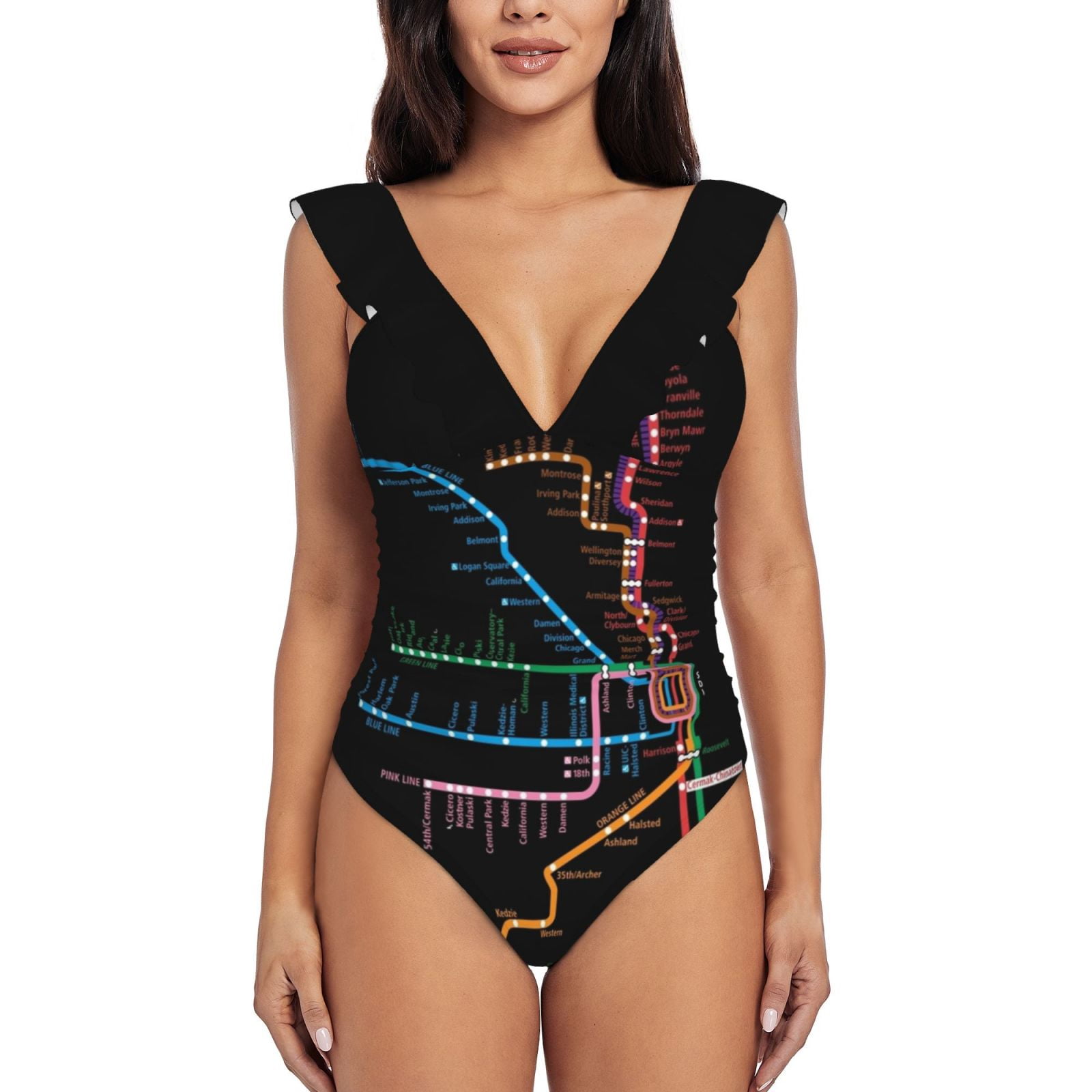 Swimwear 2024 Chicago S Map New Sexy Mesh Patchwork One Piece Swimsuit