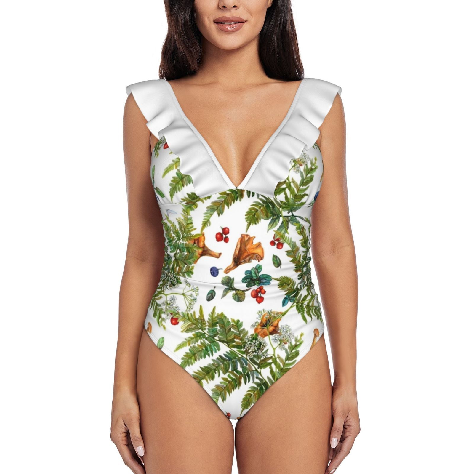 Swimwear 2024 Forest Ferns Berries And Mushrooms Black Mesh Swimsuit