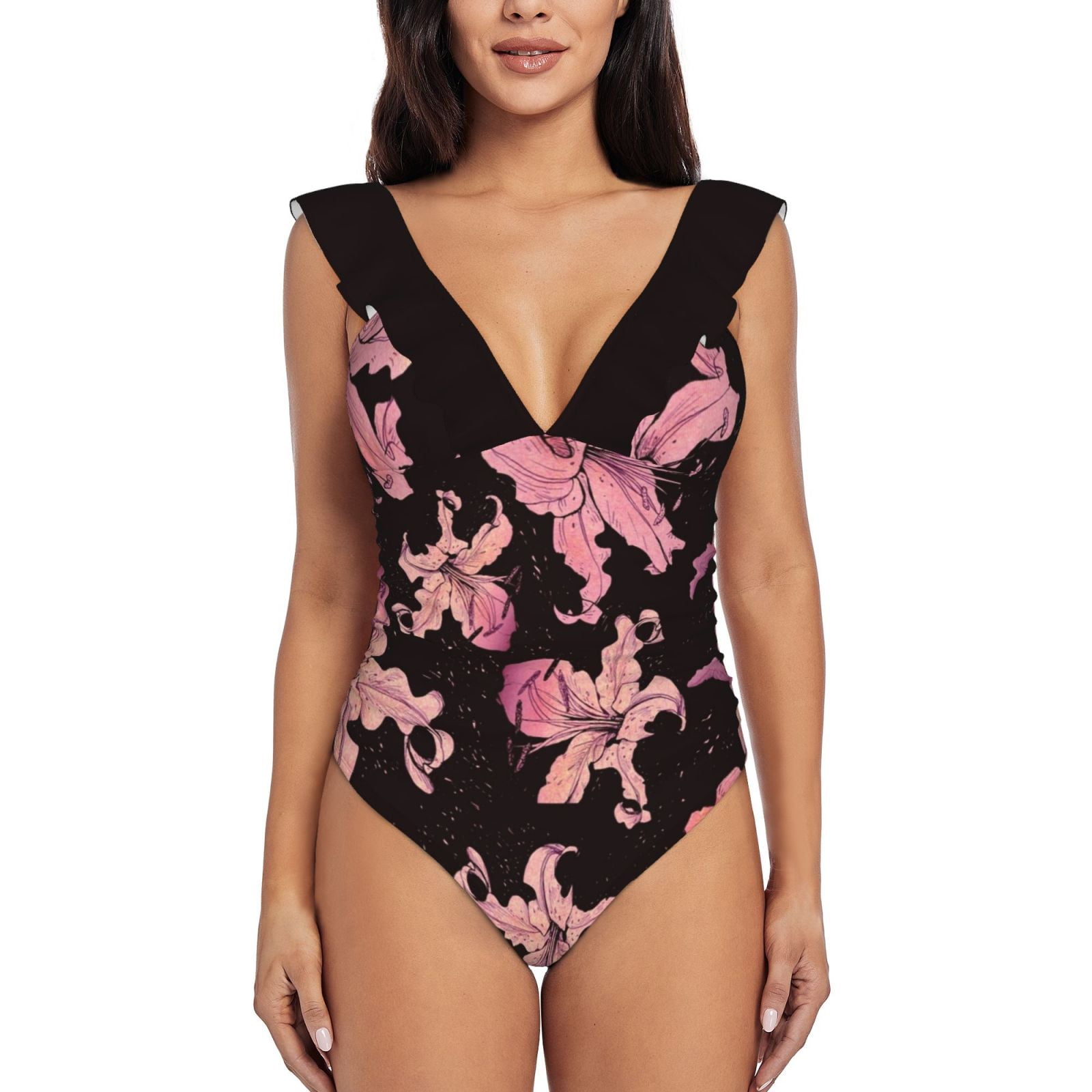 Swimwear 2024 Golden Lilies Black Mesh Swimsuit One Piece Backless Sexy