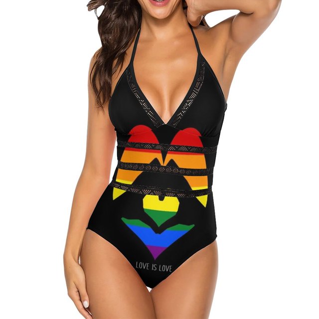 Swimwear 2024 Love Is Love Heart New Sexy Mesh Patchwork One Piece