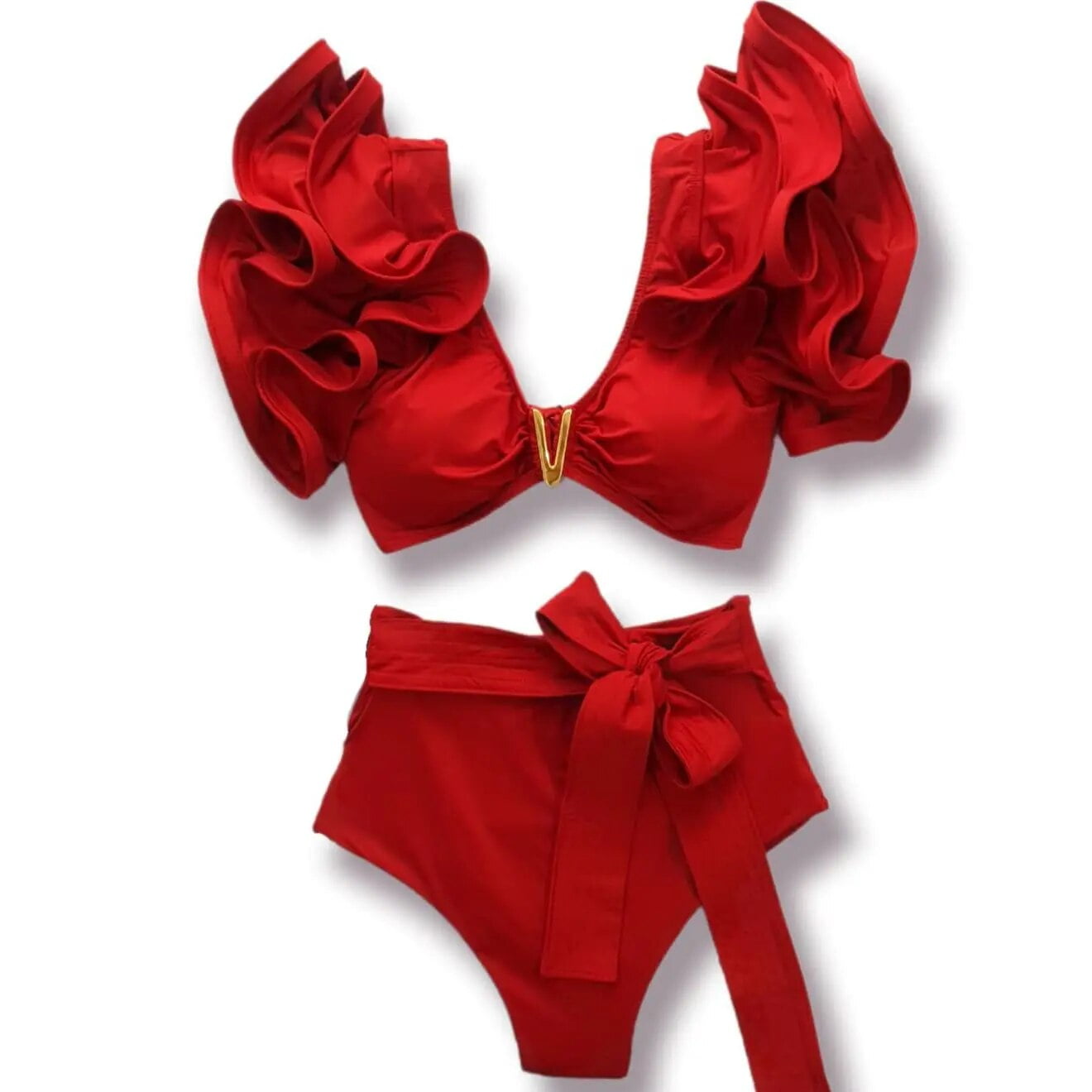 Swimwear High Waist Bikinis with Belt V Neck Shirring Swimsuit Women ...