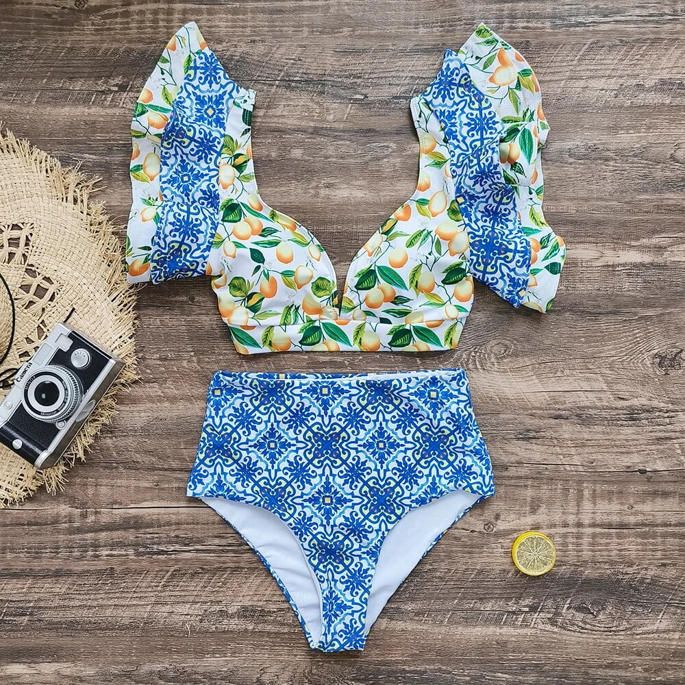 Swimwear High Waist Bikinis with Belt V Neck Shirring Swimsuit Women ...