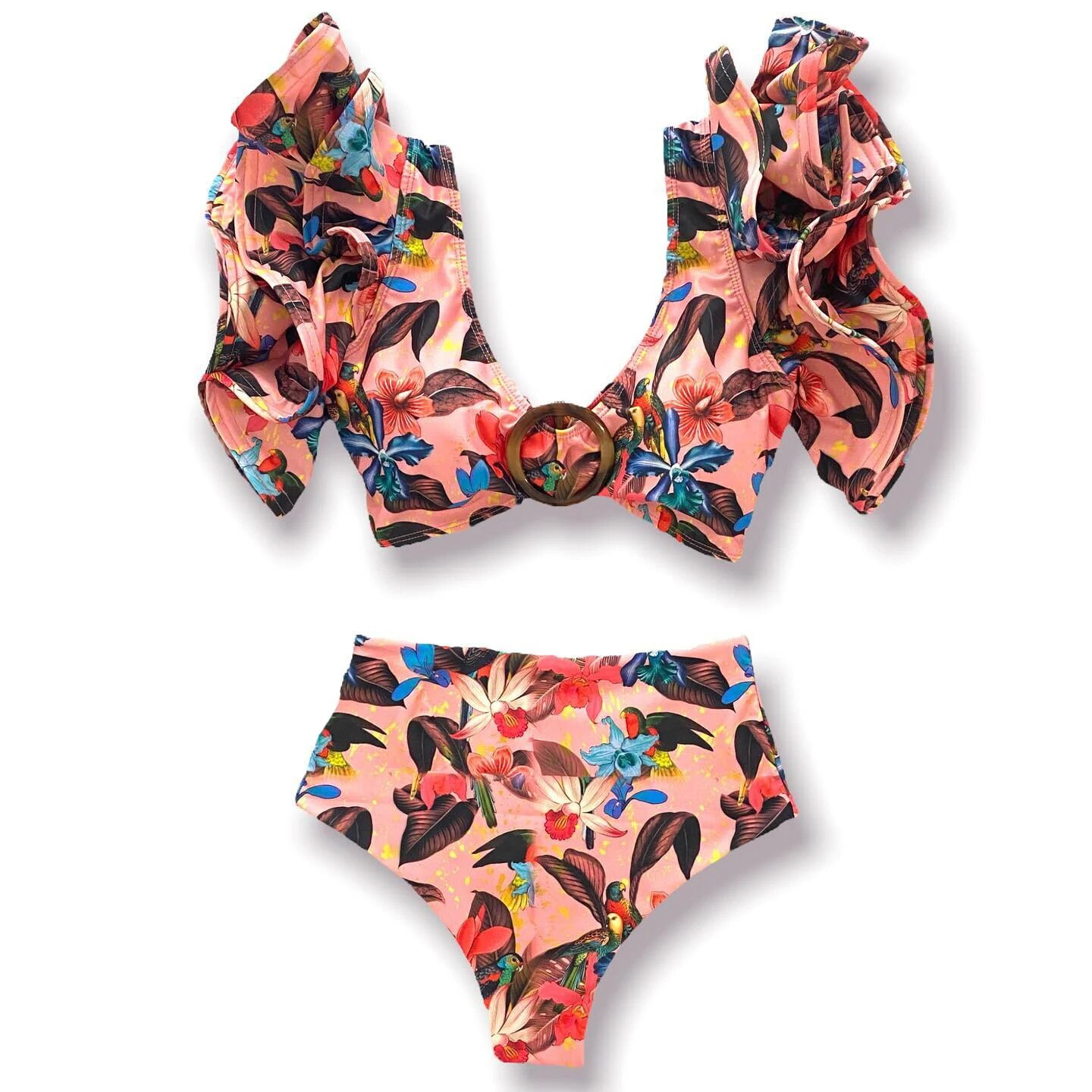 Swimwear High Waist Bikinis with Belt V Neck Shirring Swimsuit Women ...