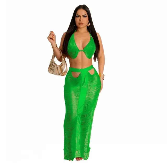 Swimwear Skirt Cover Up 2 Piece Set Women Crop Tops And Maxi Skirt Bathing Suit Fashion Solid
