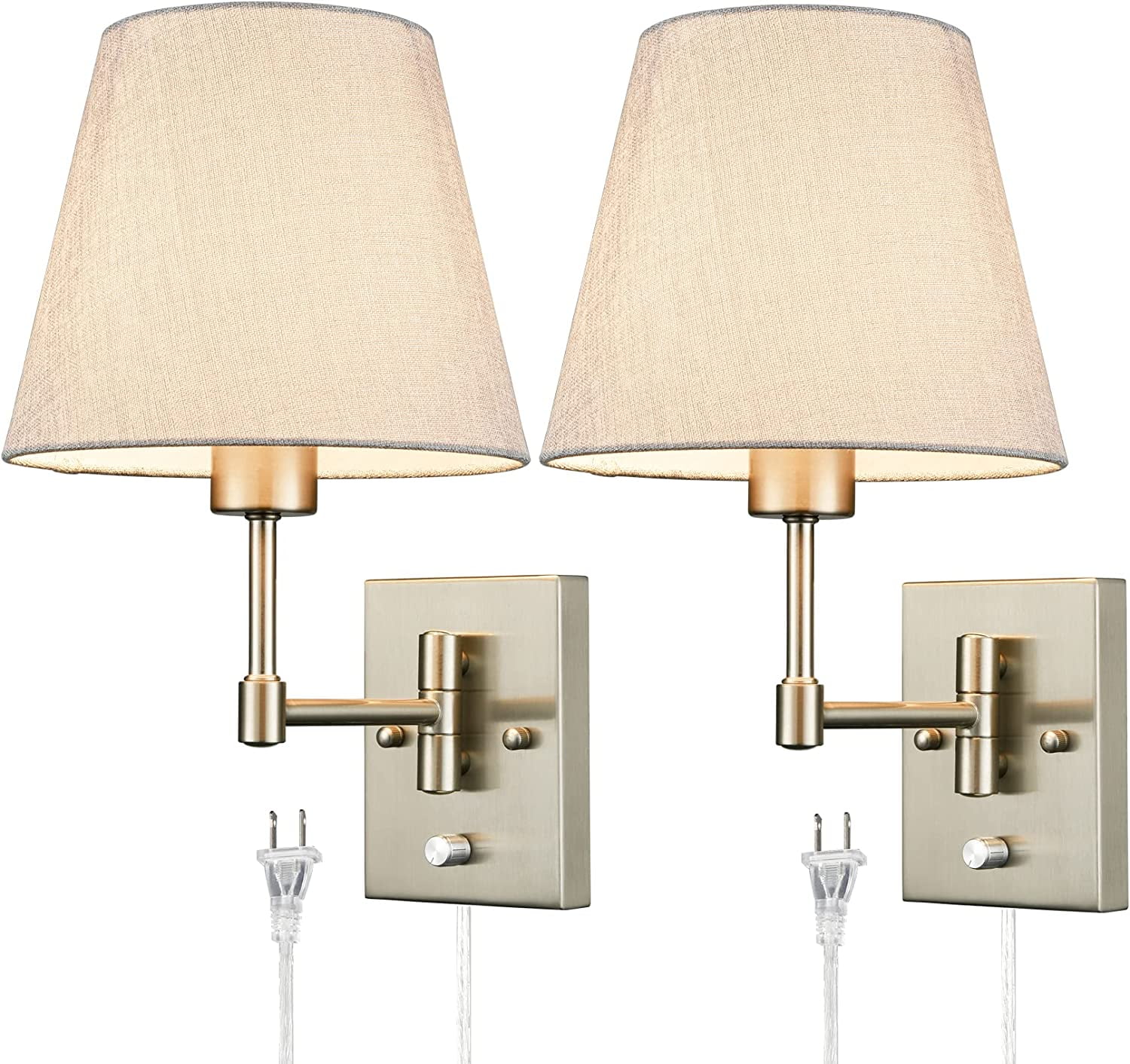 Swing Arm Wall Sconces Set of Two Plug in Wall Lamp with Grey Fabric Shade and On Off Switch ...