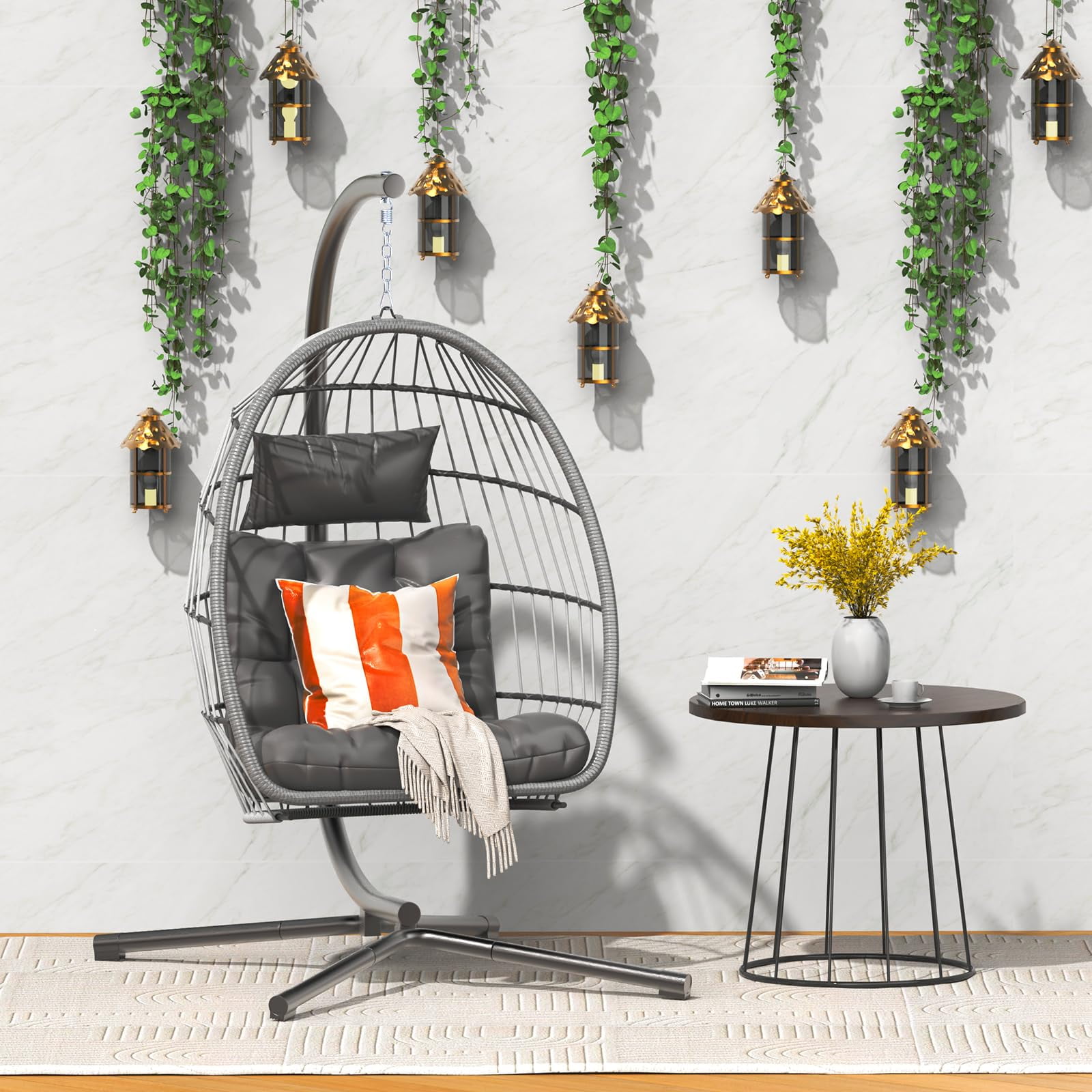 Swing Egg Chair Indoor Outdoor, Patio Wicker Hanging Chair with Stand ...