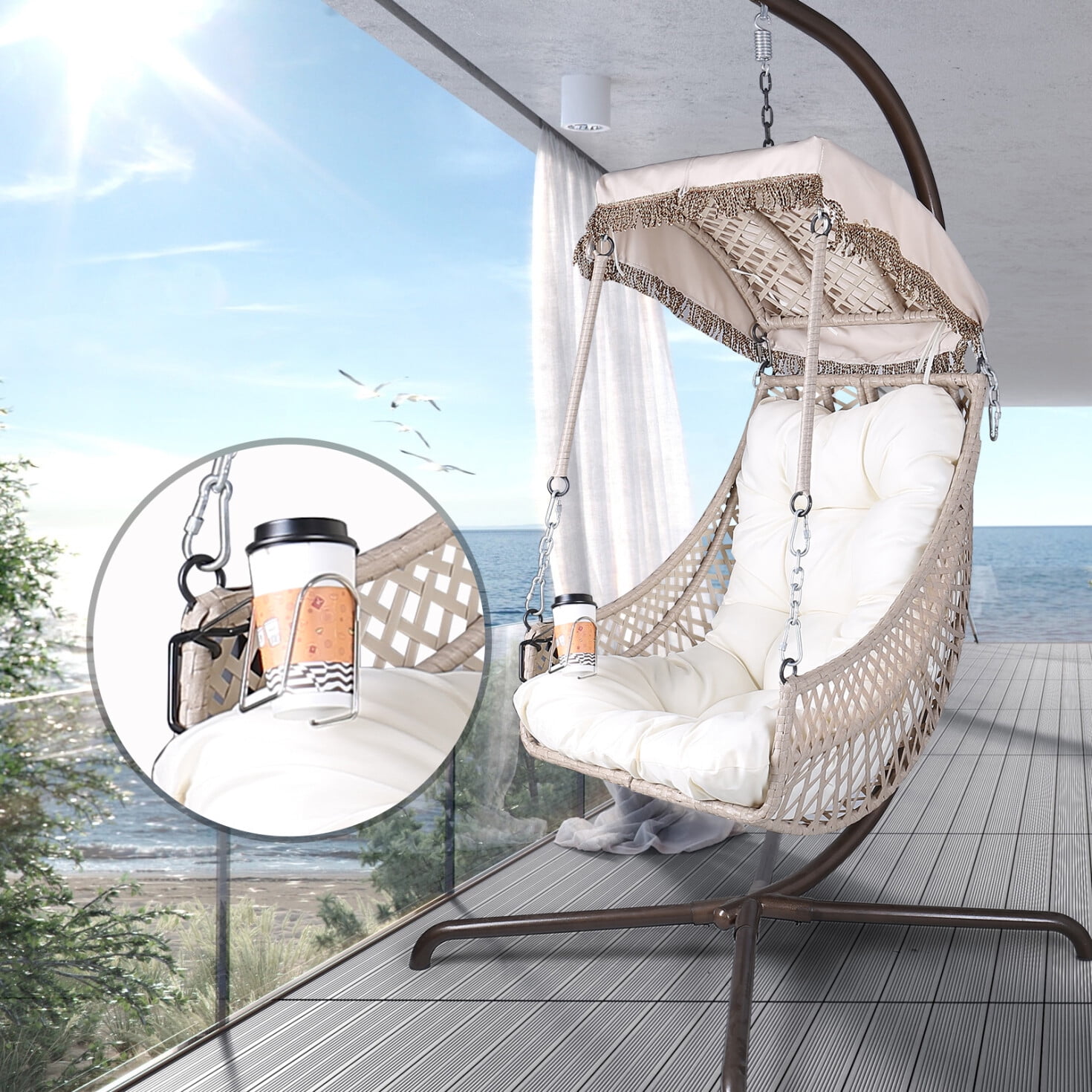 Swing Egg Chair with Stand, Wicker Rattan Frame Hammock Chair with ...