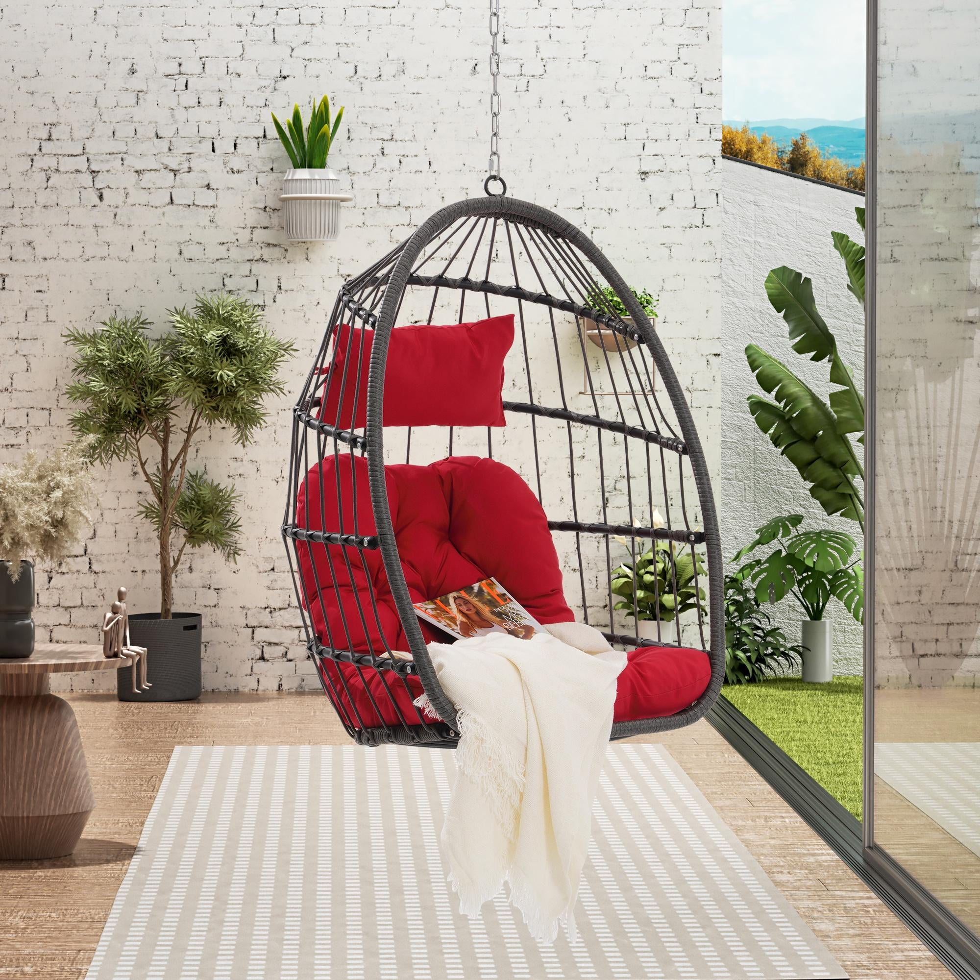 Swing Egg Chair, Wicker Hanging Chair with Hanging Chains and Cushion ...