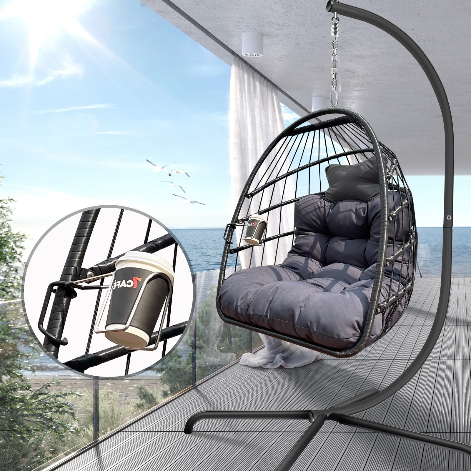 Swing Egg Chair with Stand Indoor Outdoor Wicker Rattan Patio Basket ...