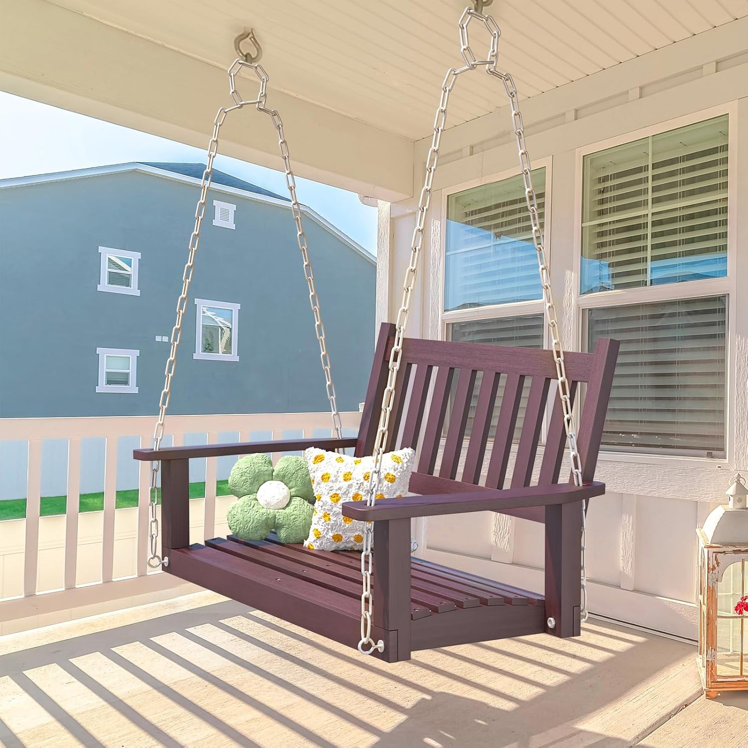 Swing with Heavy Duty Hanging Chains Adjustable Outdoor Wooden Porch ...