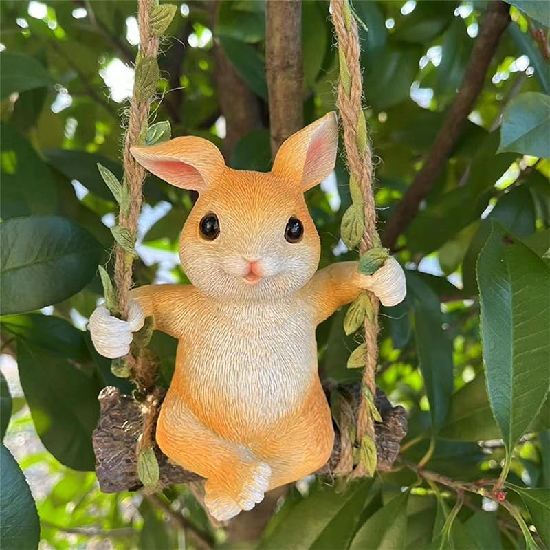 Swing Rabbit Garden Statues, Cute Hanging Hammock Animal Garden Decor ...