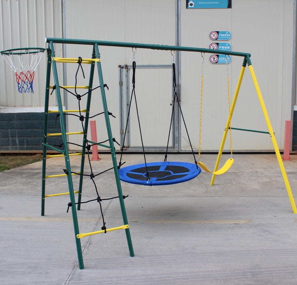 Swing Set, 400lbs Metal Frame Swing Set with Ladder and Basketball Hoop ...