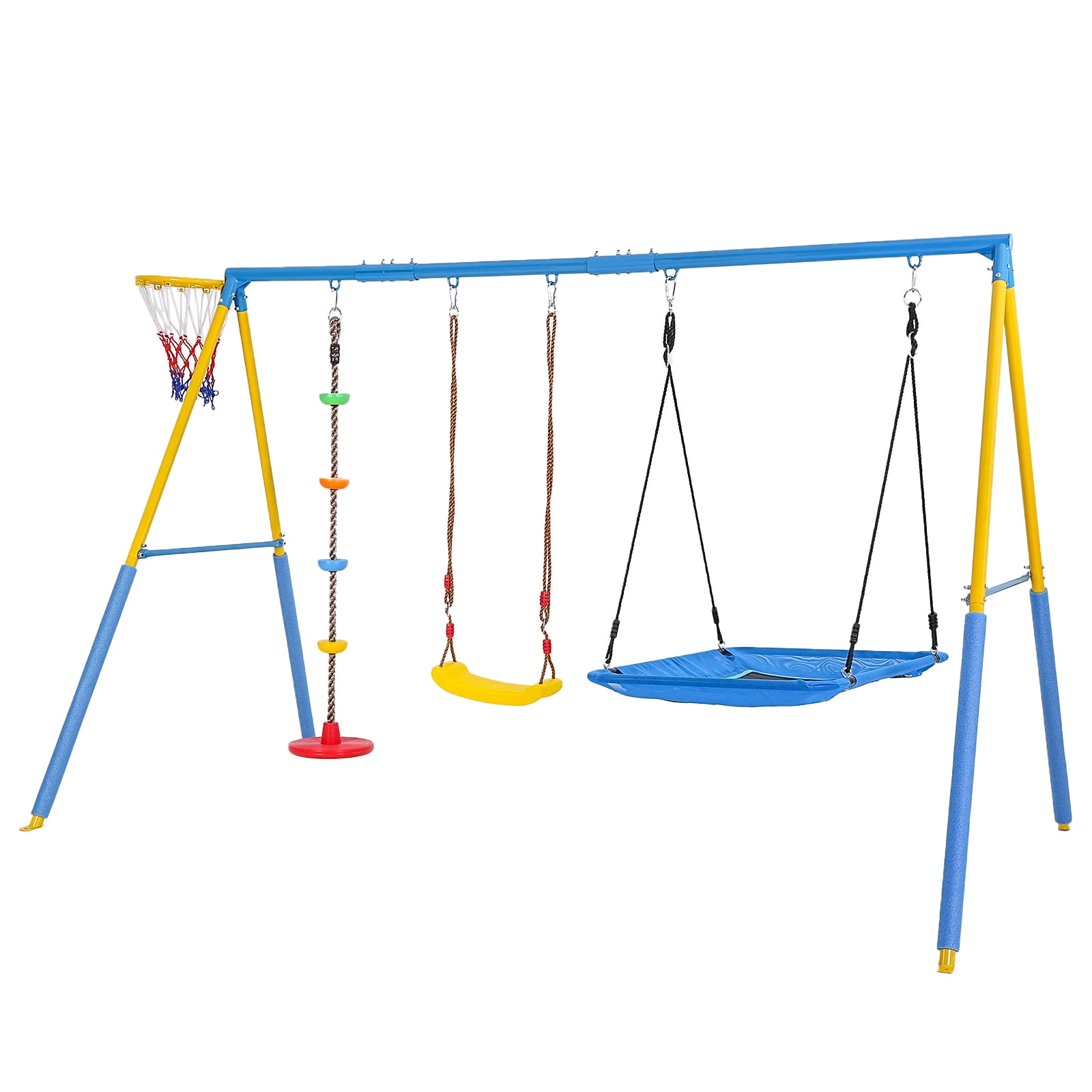 4 in 1 Kids Swing Set with Saucer & Climbing Rope and Basketball Hoop ...