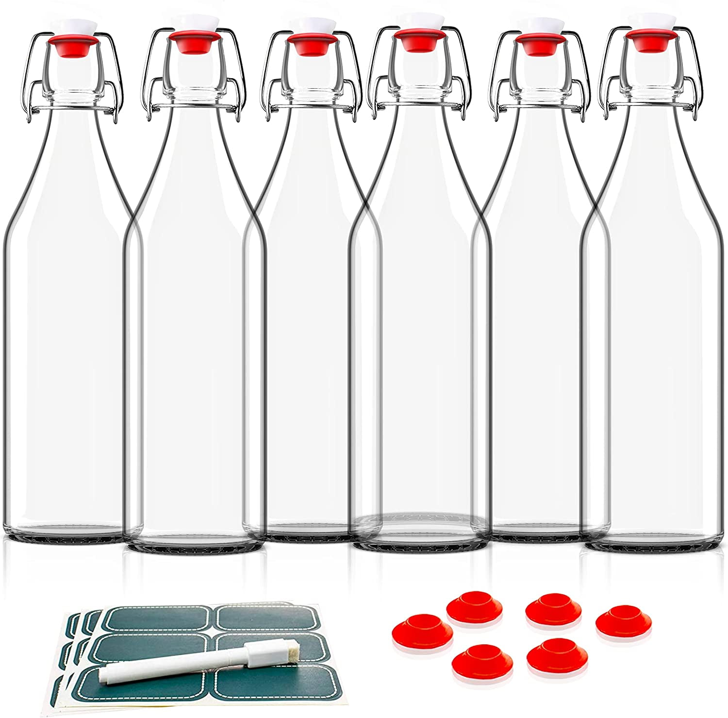 Swing Top Glass Bottles - Set of 6, 16oz w/Marker & Labels Clear Bottle ...