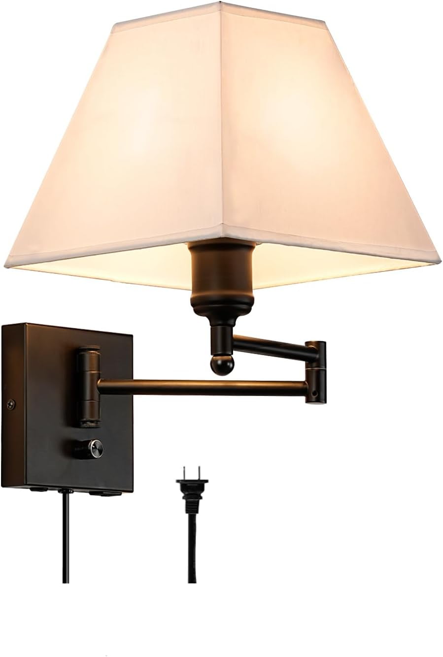 Swinging arm Wall lamp, Fabric lampshade, with Plug and dimming Rotary ...
