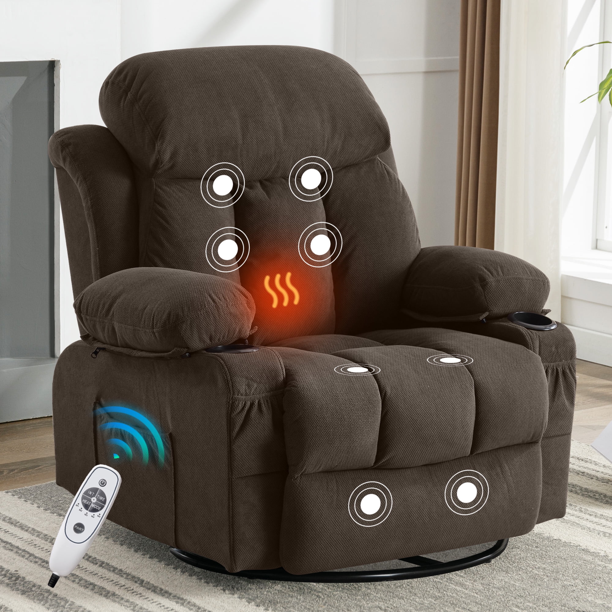 Swinging Recliner Massage Heated Sofa with USB and Cup Holders, Brown ...