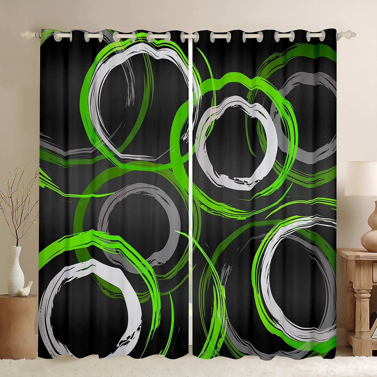 Swirl Circle Curtains,Black Grey Green Blackout Curtains 52Wx63L,Mid ...