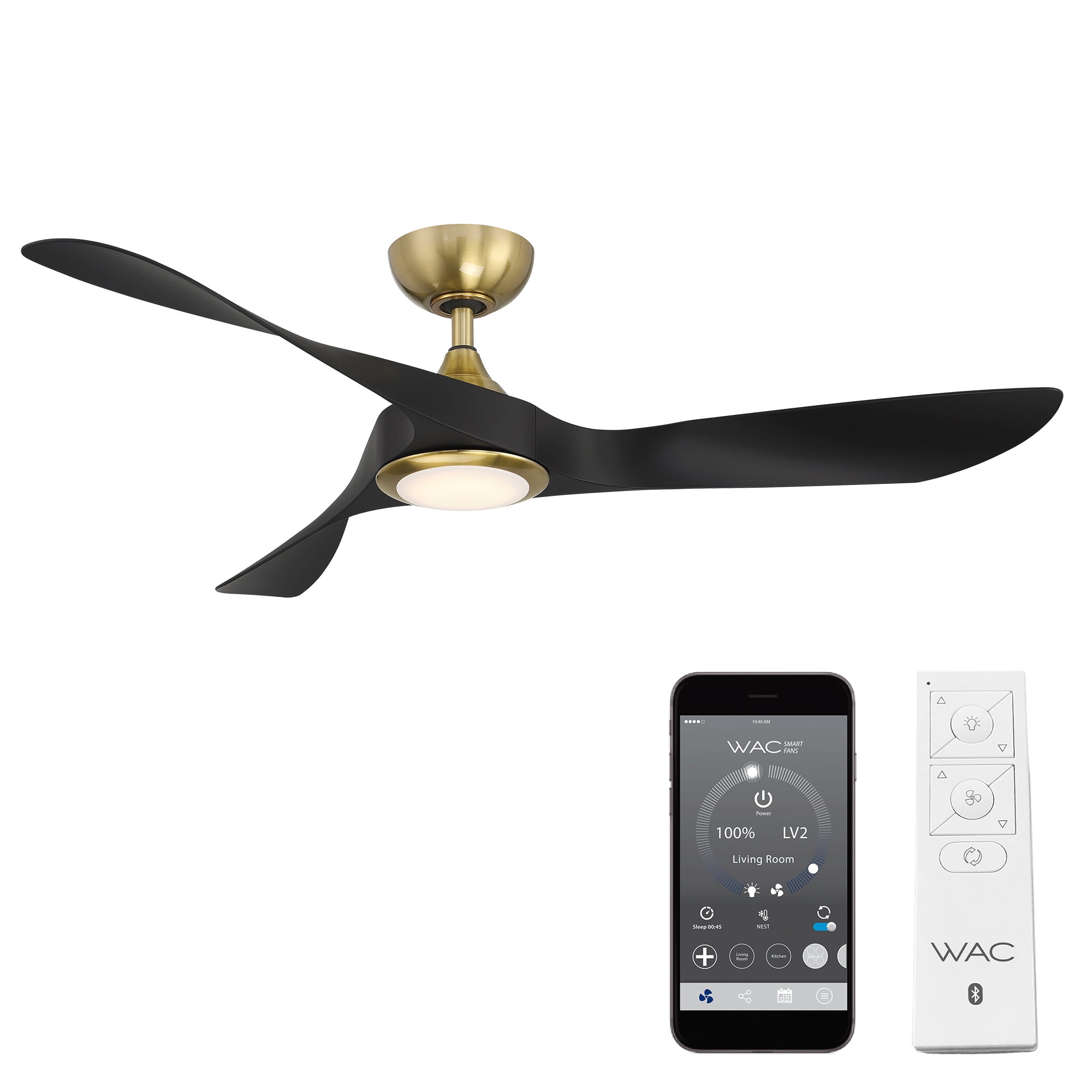 WAC Swirl 54" Soft Brass/Matte Black Integrated LED Smart Ceiling Fan ...