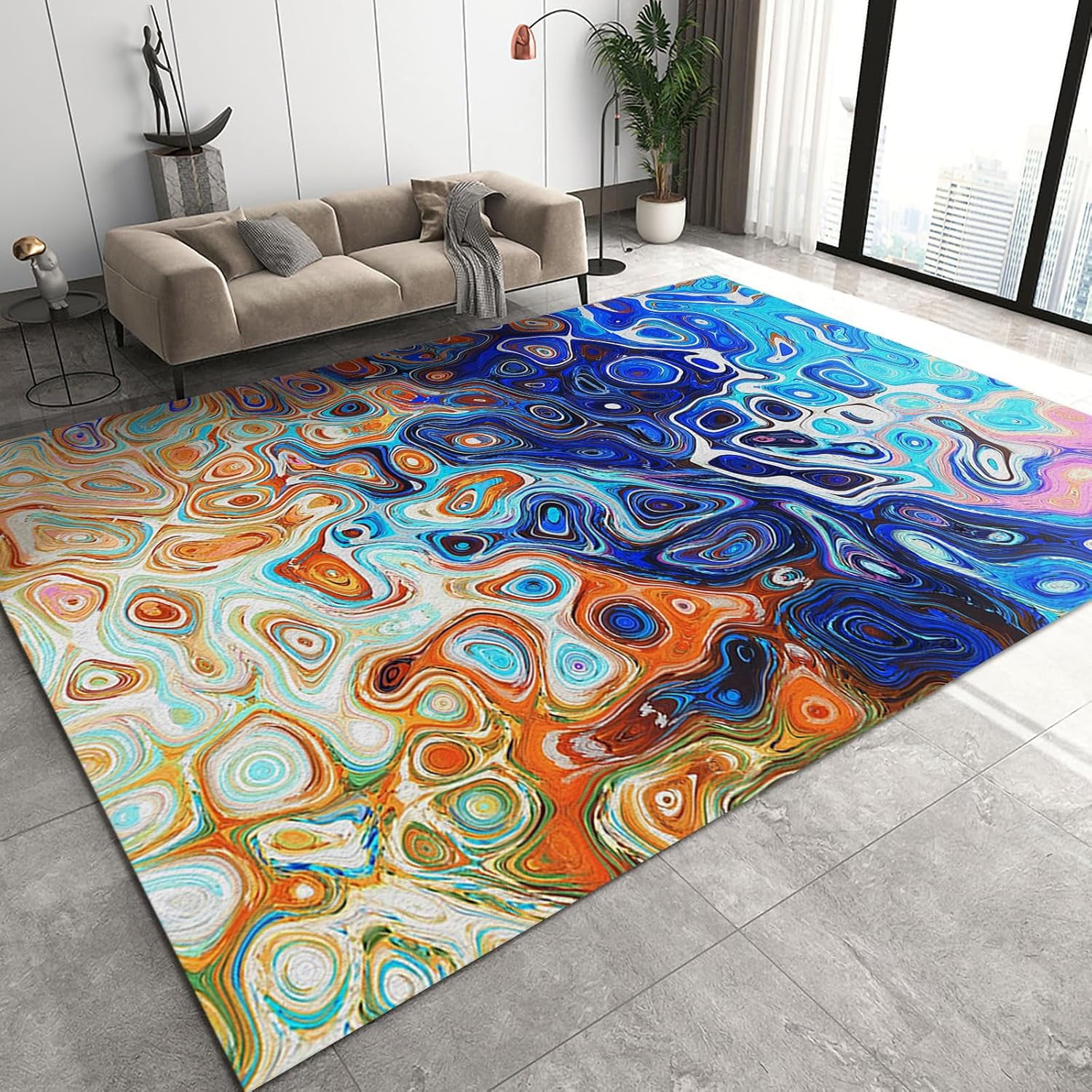 Swirl Oil Painting Doodle Area Rugs, Red Yellow Blue Gradient Anti-Slip ...