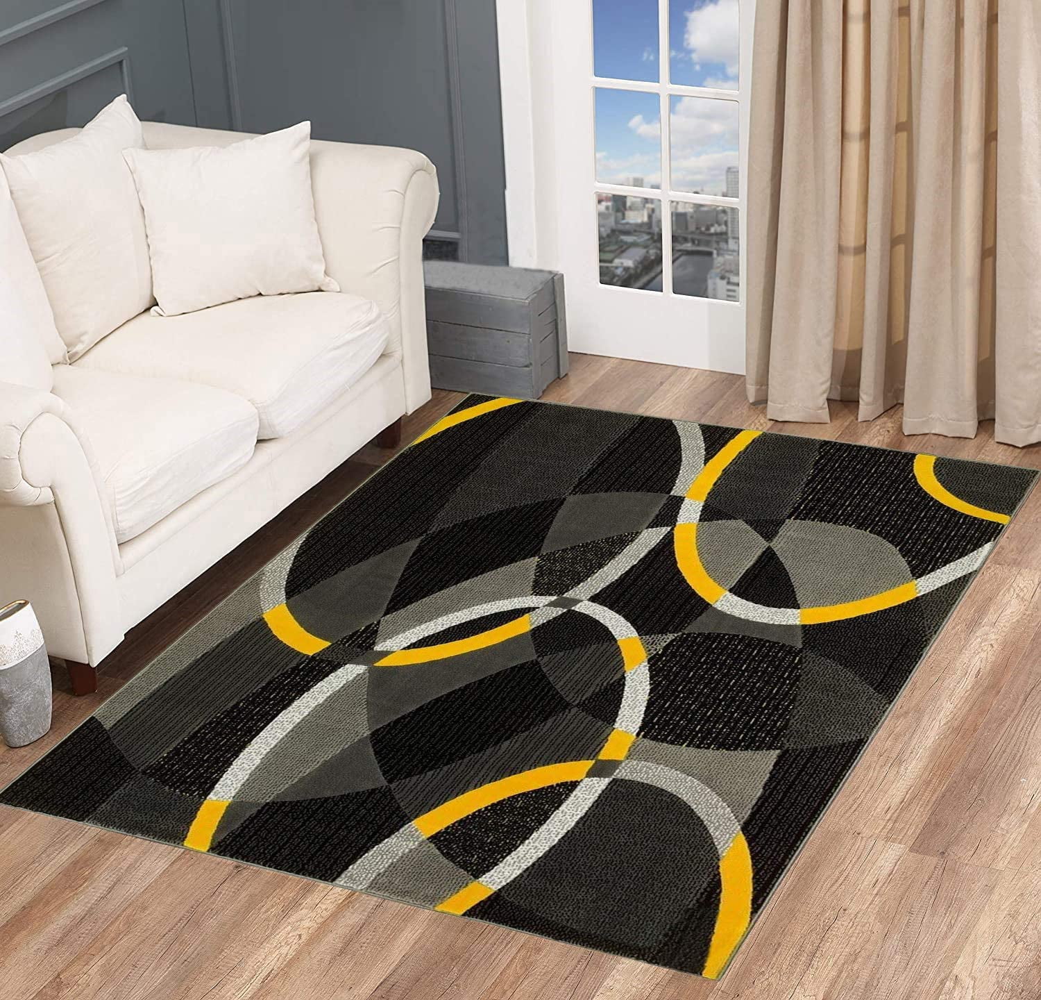 Swirls Circles Modern Abstract Area Rug Yellow Gray Black Carpet (5’ 3 ...
