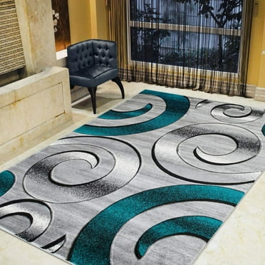 Spiral/Swirls Modern Contemporary Hand Carved Area Rug-Silver/Turquoise ...