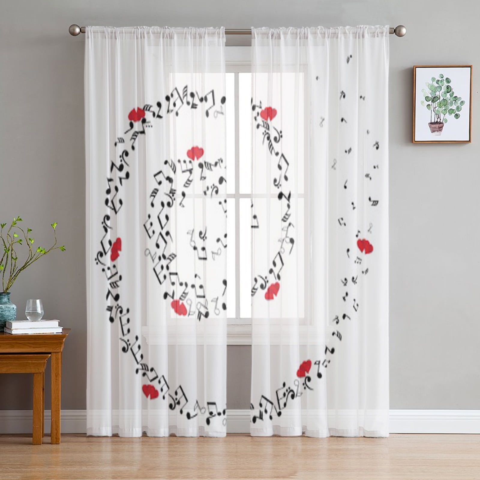 Swirls Musical Notes and Hearts Sheer Curtain for Living Room Modern ...