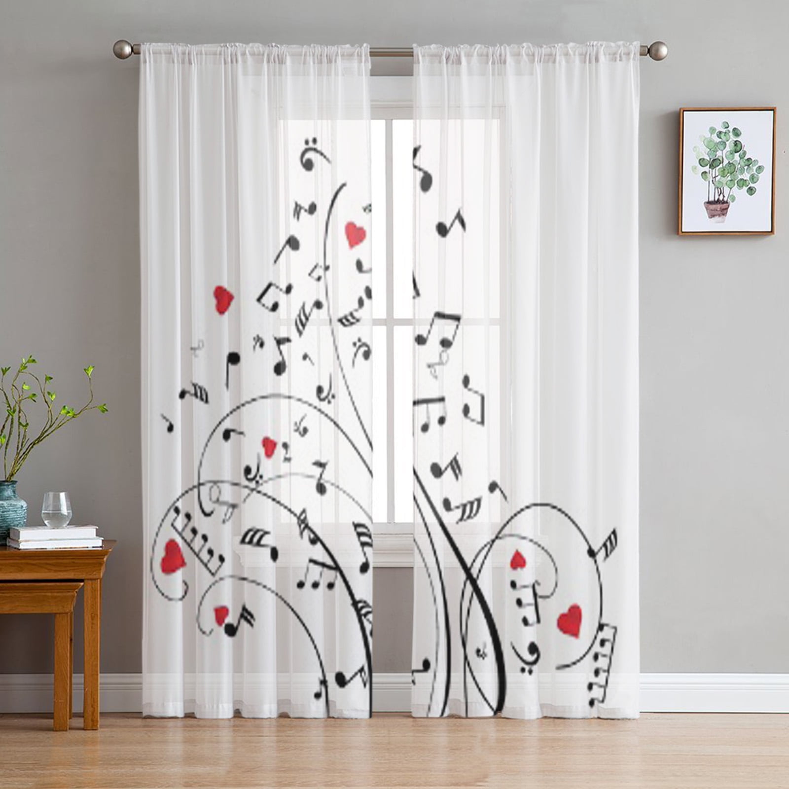 Swirls Musical Notes and Hearts Sheer Curtain for Living Room Modern ...