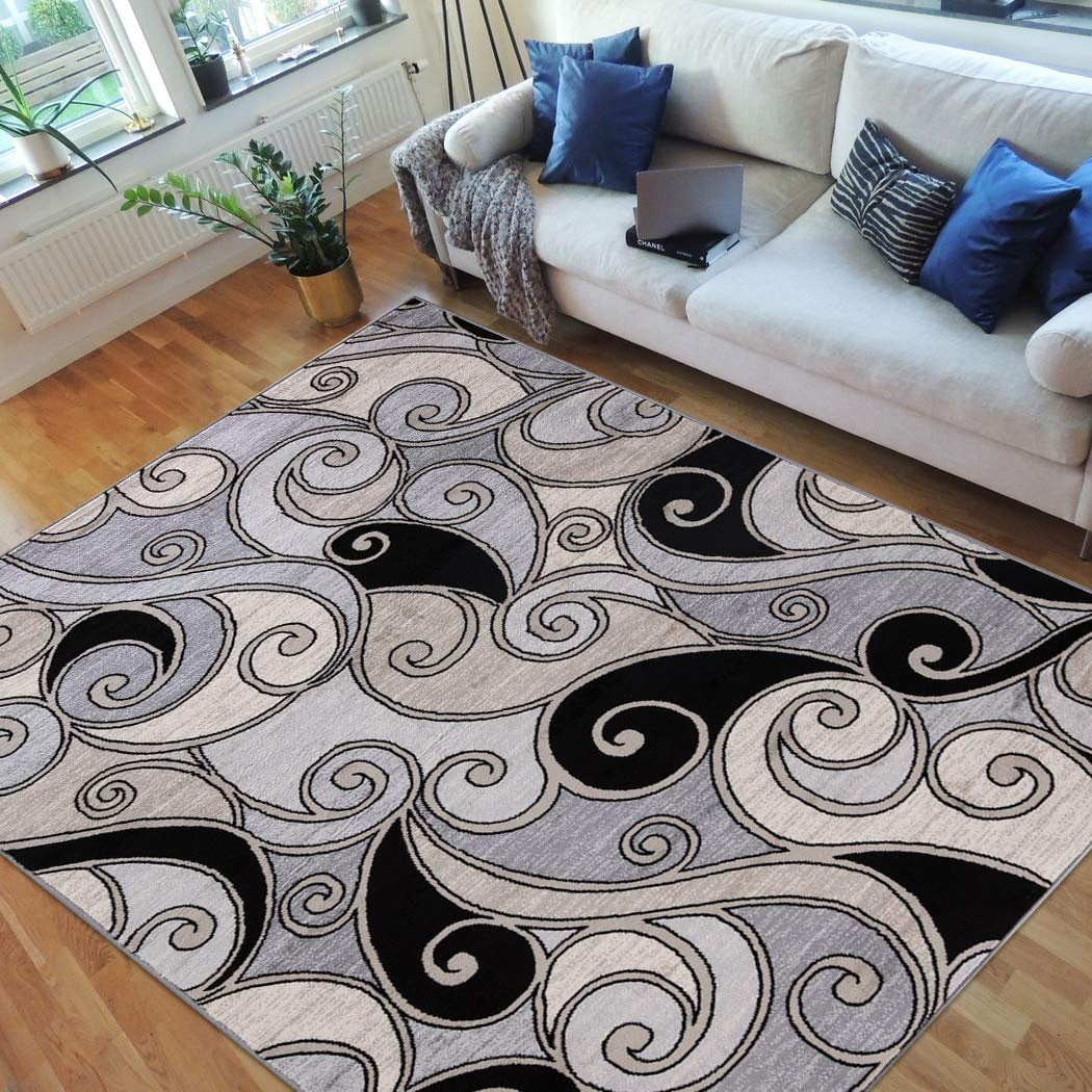Swirls Rugs/Luxury Livingroom Modern Soft/Smooth-Silver/Gray/Black and ...