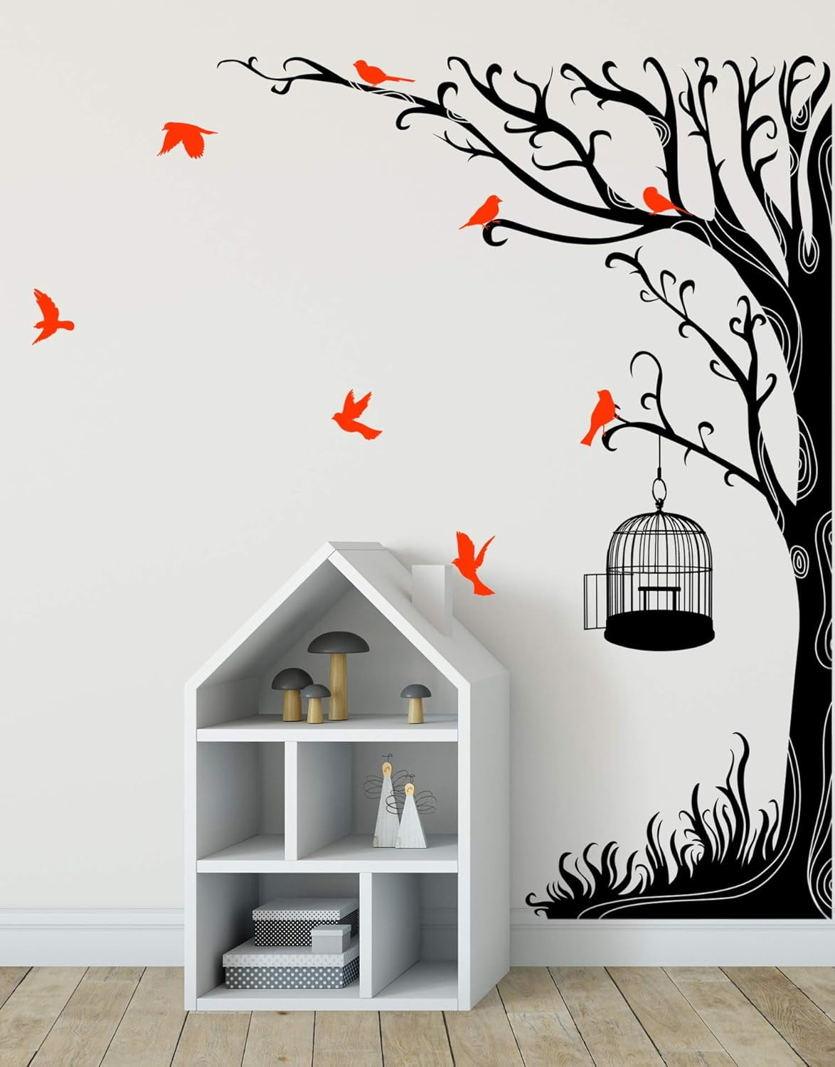 Swirly Tree with Bird Cage Wall Decal Sticker. Black Tree with Red ...