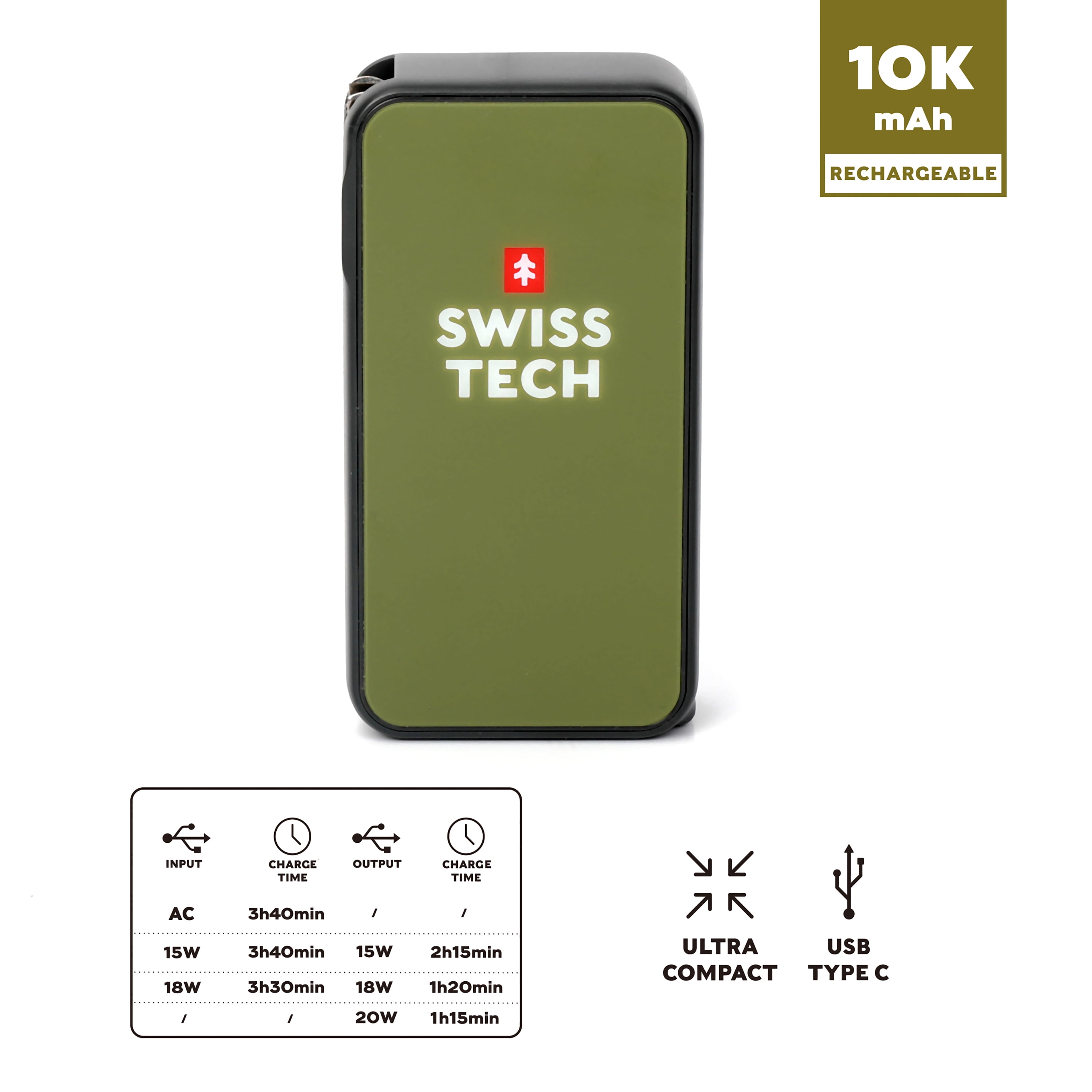 Swiss Tech 10000 mAh Portable Power Bank with 20W Fast Charge and Built ...