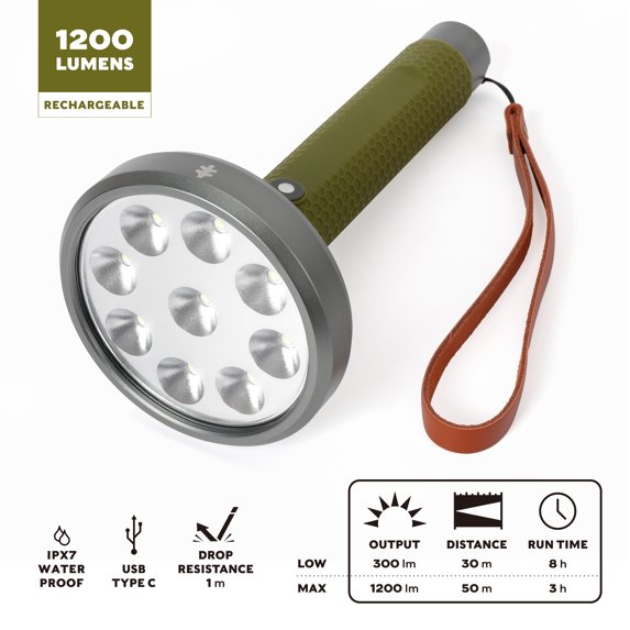 Swiss Tech 1200 lumen rechargeable LED flashlight with battery, durable ...