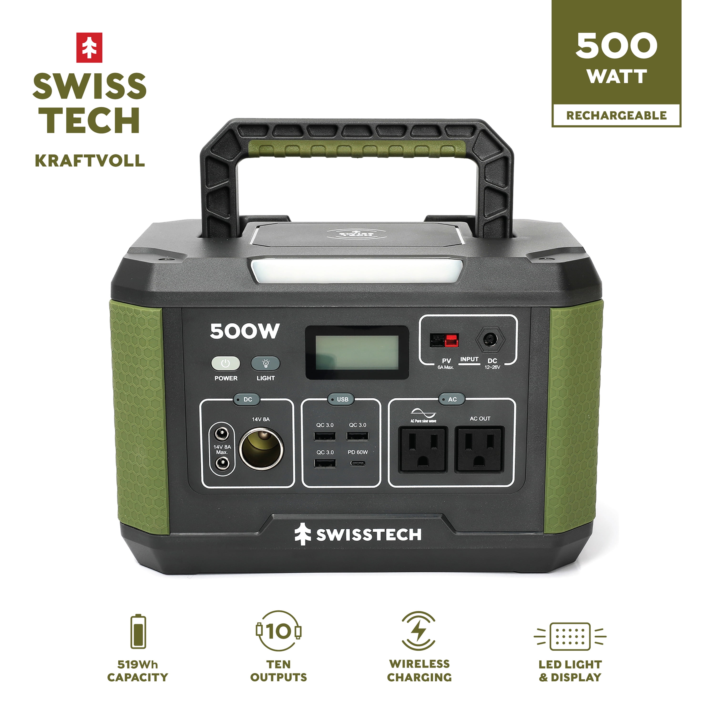 Swiss Tech 500W Portable Power Station, 519.4Wh, Solar Powered Battery ...