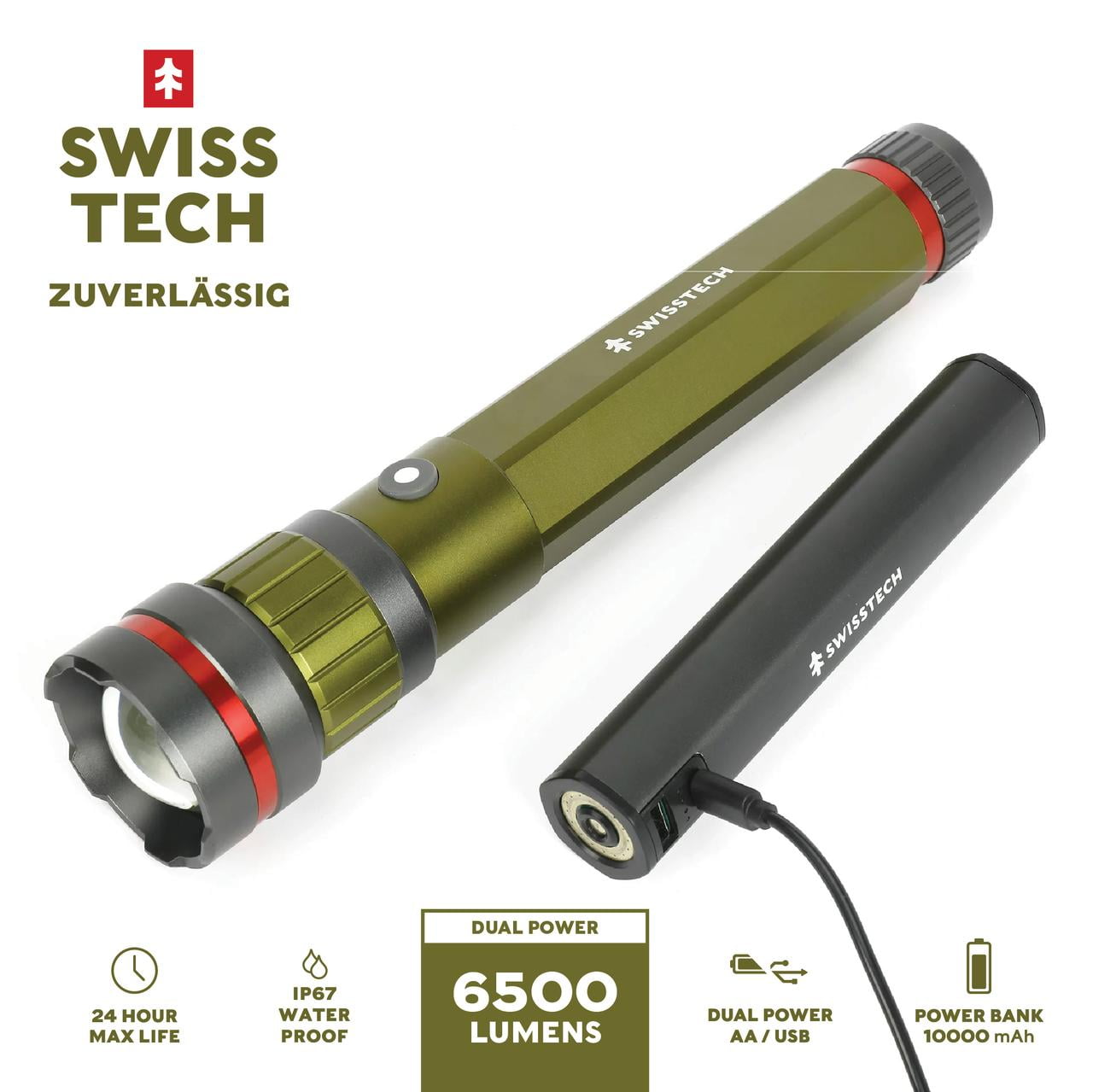 Free Shipping! Swiss Tech LED Flashlight 6500 Lumen Rechargeable Dual ...