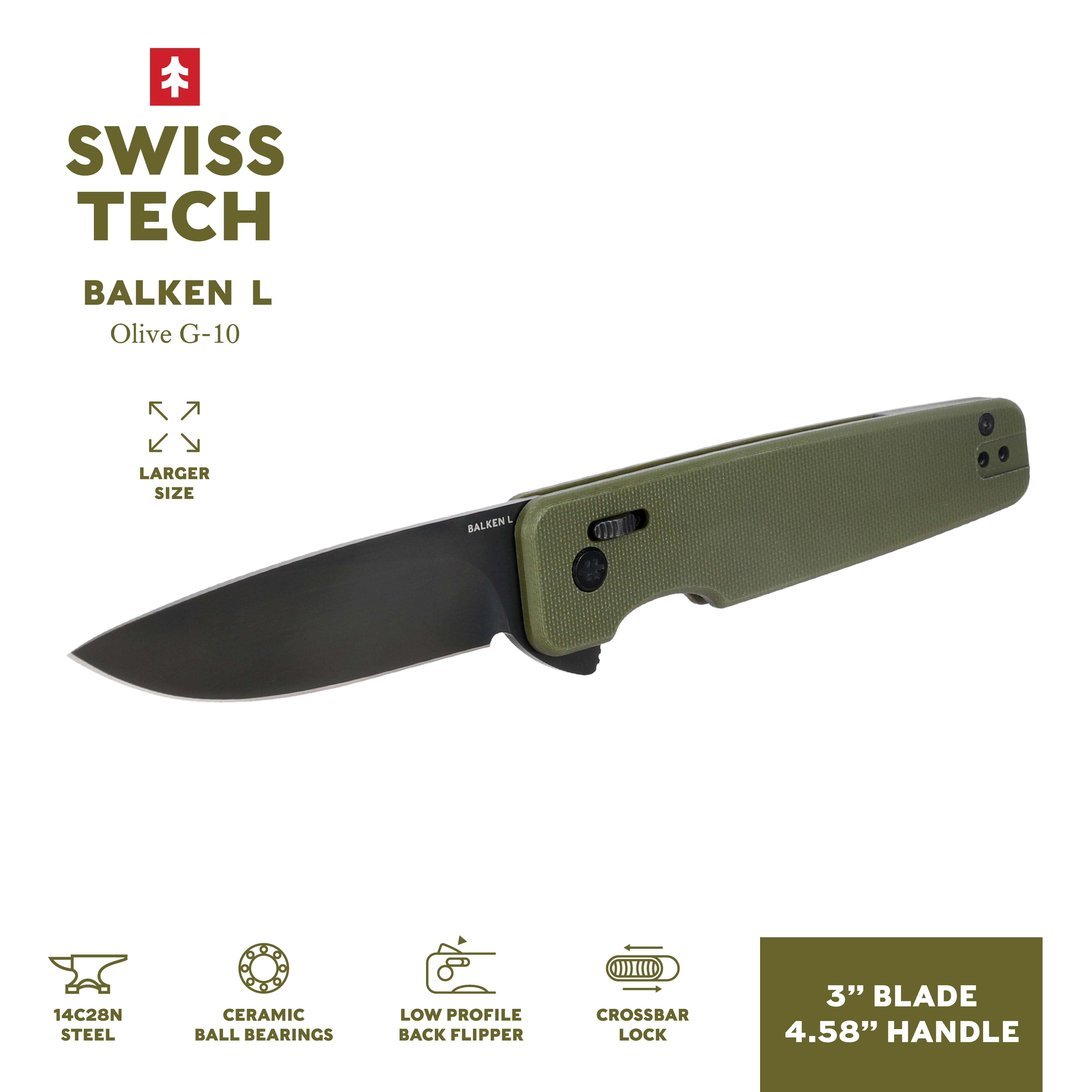 Swiss Tech Balken L Folding Knife, 14C28N Steel, Olive G-10 Handle, EDC ...