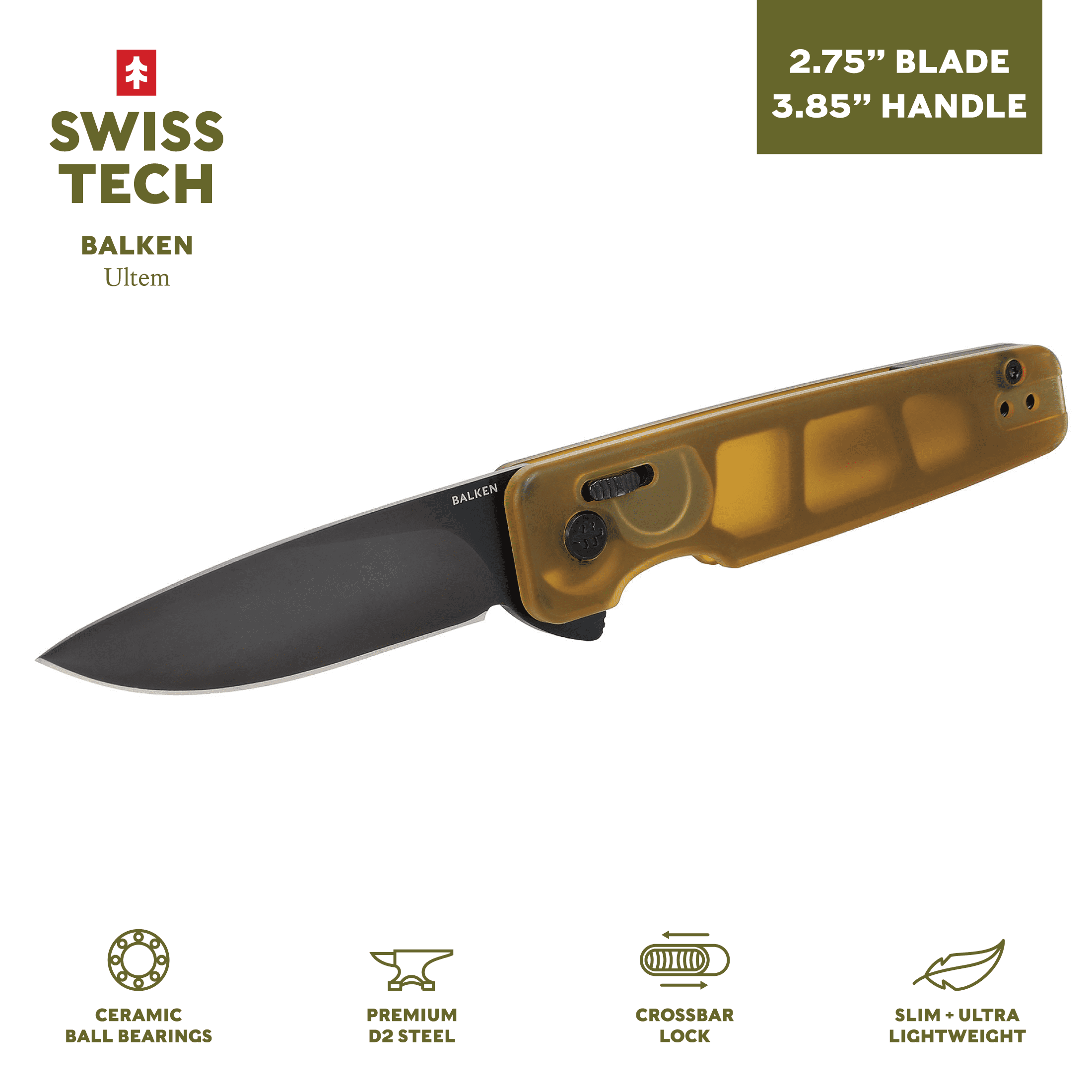 Swiss Tech Balken Folding Knife, Ultem, D2 Steel, Back Flipper, PEI ...