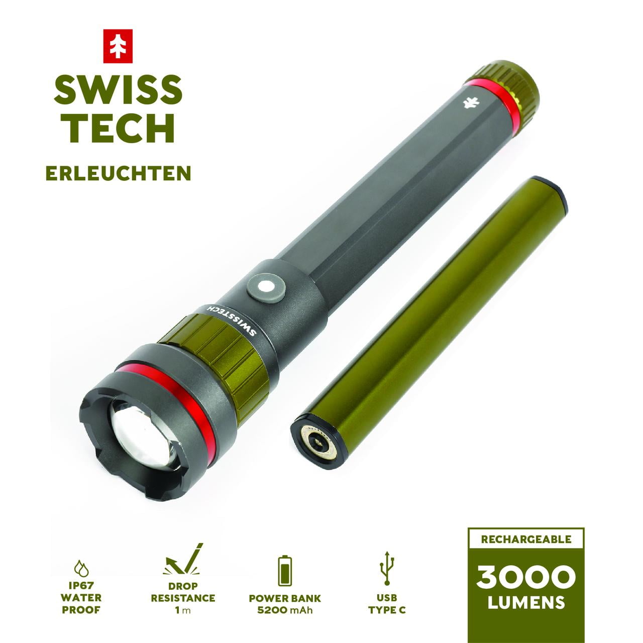 Swiss Tech Erleuchten 3000 Lumen LED Flashlight, IP67 Waterproof, Drop ...