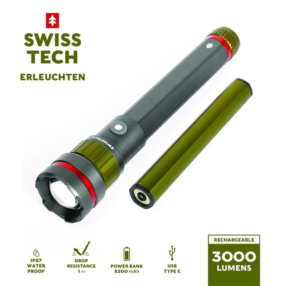Swiss Tech Erleuchten 3000 Lumen LED Flashlight, IP67 Waterproof, Drop ...