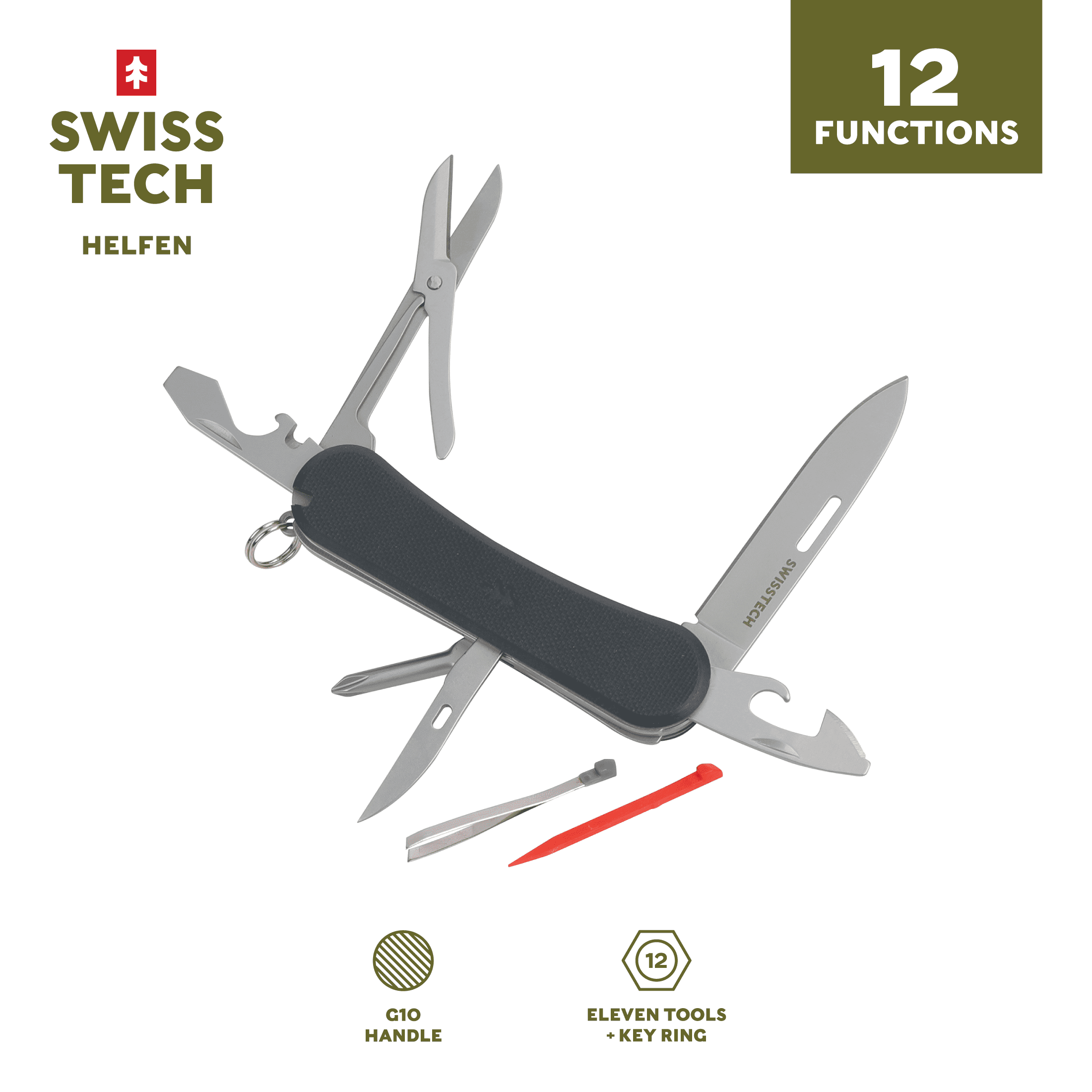 Swiss Tech Multi Tool Knife 12-in-1 with Stainless Steel Drop Point ...