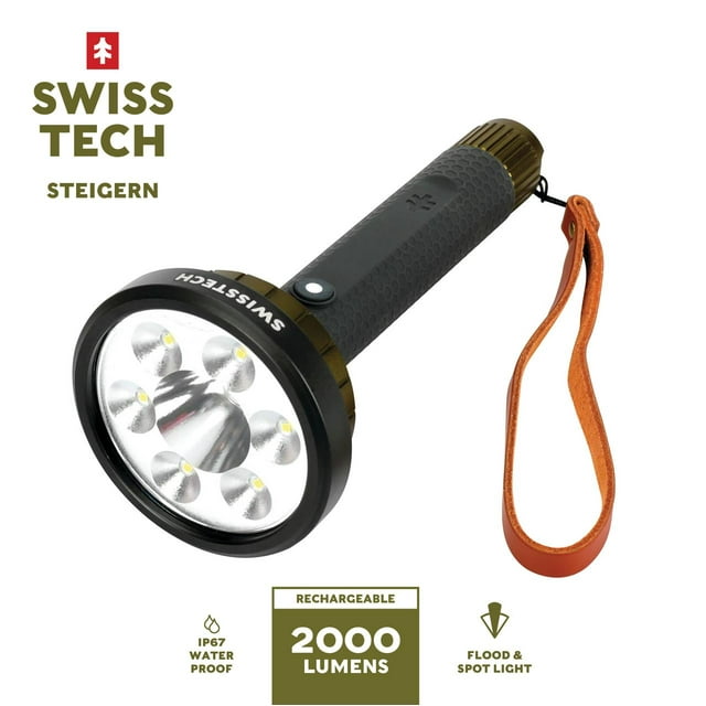 Swiss Tech Steigern Flashlight, 2000 Lumen, LED, Rechargeable, IPX7 ...