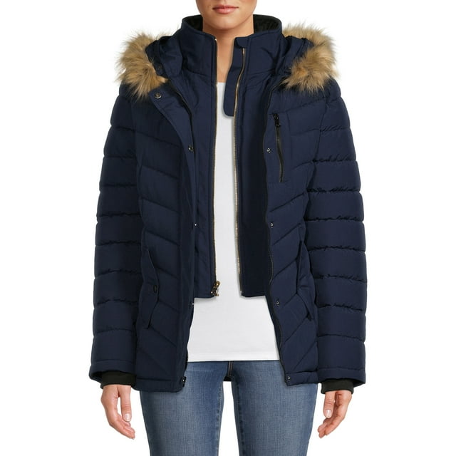 Swiss Tech Women's and Plus Bibbed Solarball Puffer Coat with Faux Fur ...