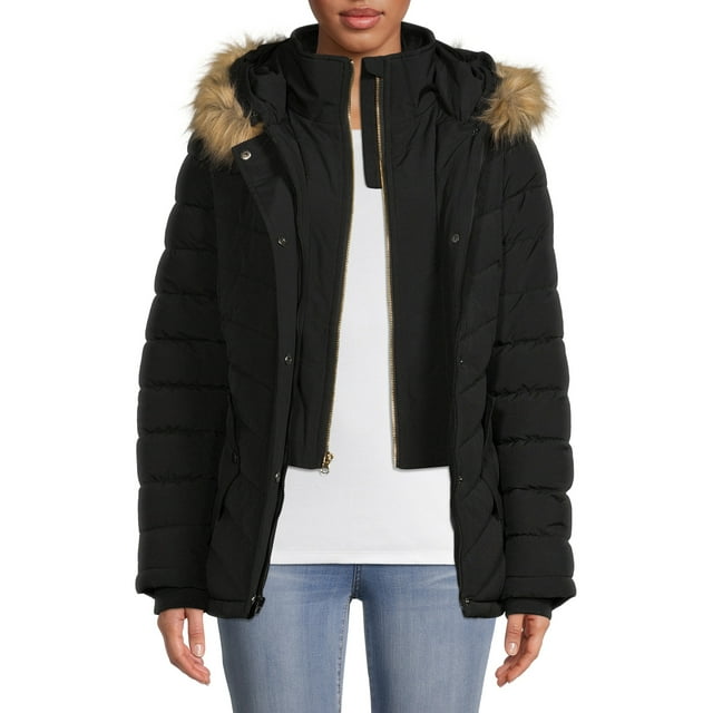 Swiss Tech Women's and Plus Bibbed Solarball Puffer Coat with Faux Fur ...