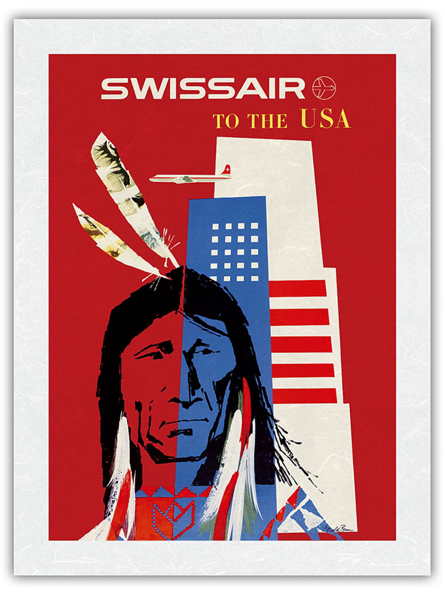 SwissAir to the USA - Native American - Vintage Airline Travel Poster ...